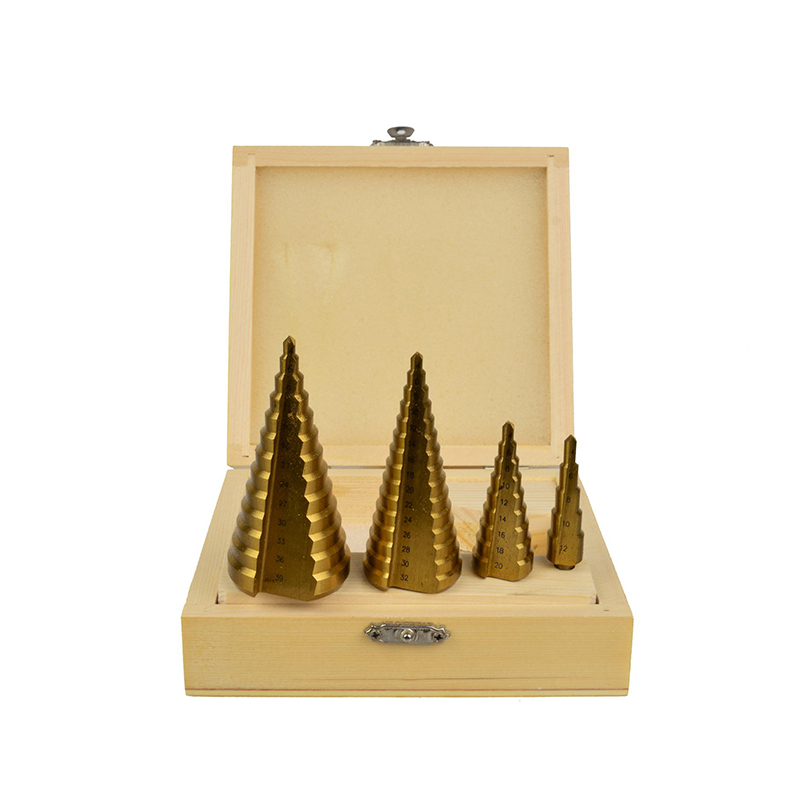 Stepenaste burgije u drvenoj kutiji - 4 kom (4-12mm / 4-20mm / 4-32mm ...